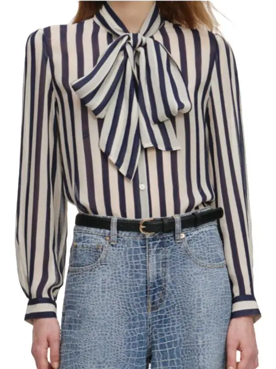 SELF-PORTRAIT Navy And Cream Striped Tie Neck Blouse - Navy Blue