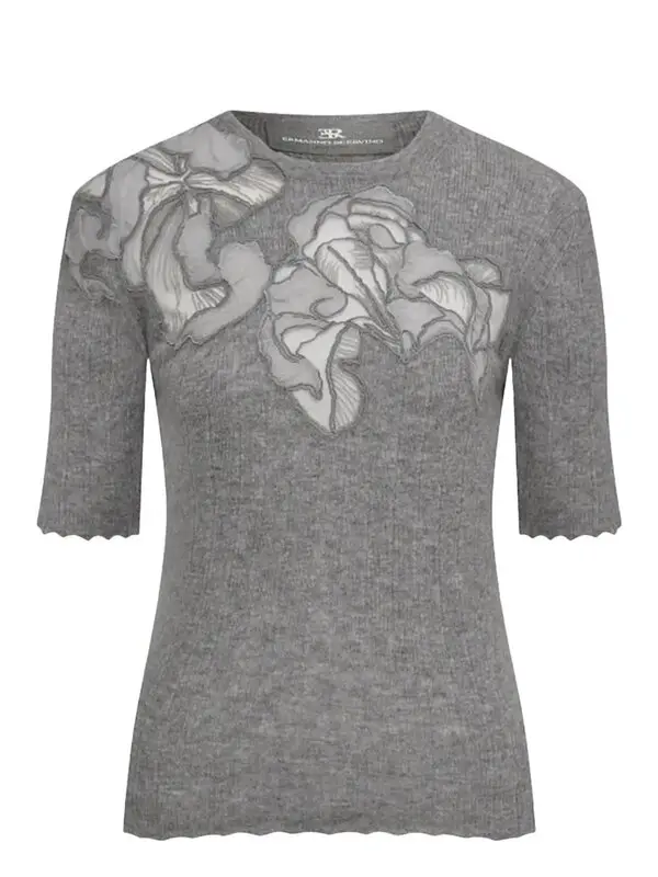 Ermanno Scervino Ribbed T-shirt With Floral Appliqu - Gray