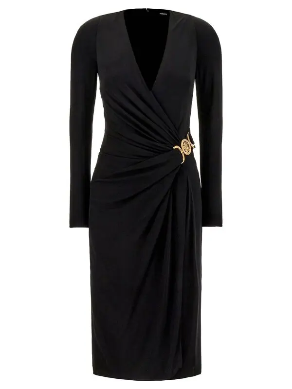 Versace Long Sleeve Ruched Dress With Medusa Buckle - Multicolor