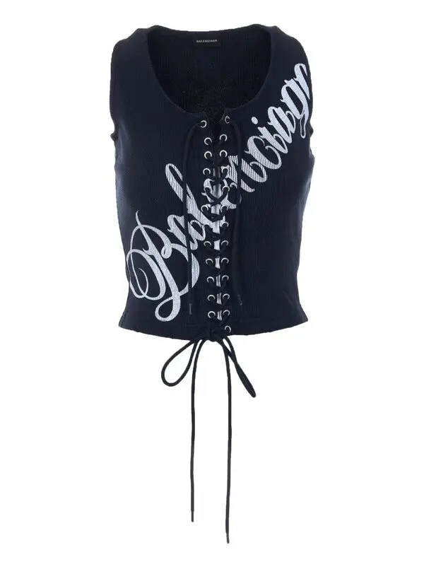 Balenciaga Logo Lace-up Cotton Top - Black