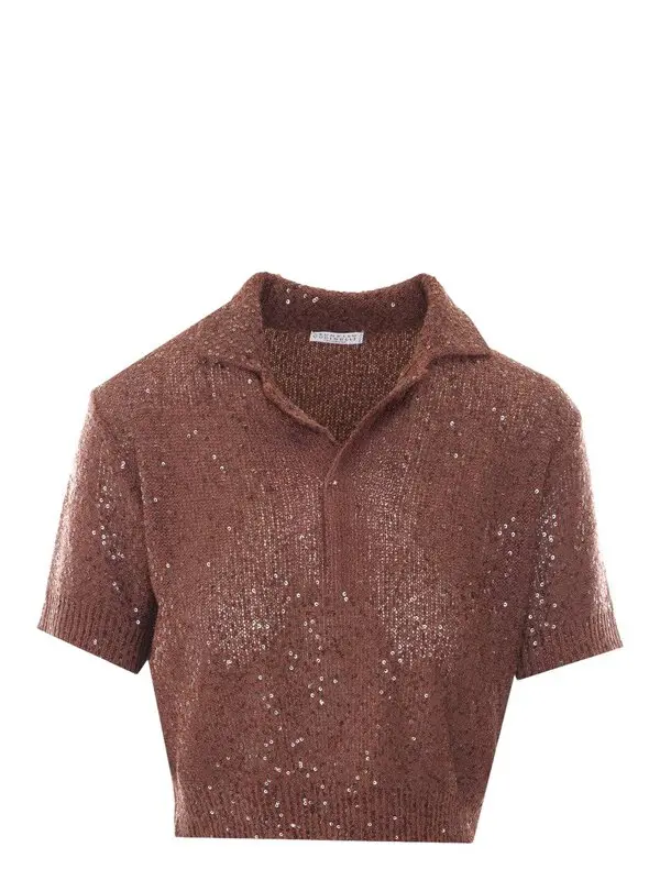 Brunello Cucinelli Sequin-embellished Knit Polo - Brown