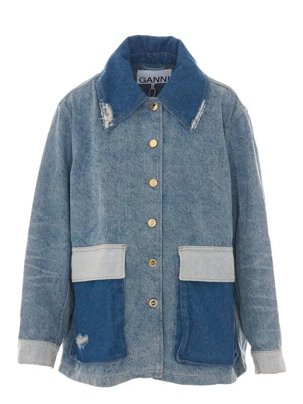GANNI Patchwork Denim Jacket - Blue