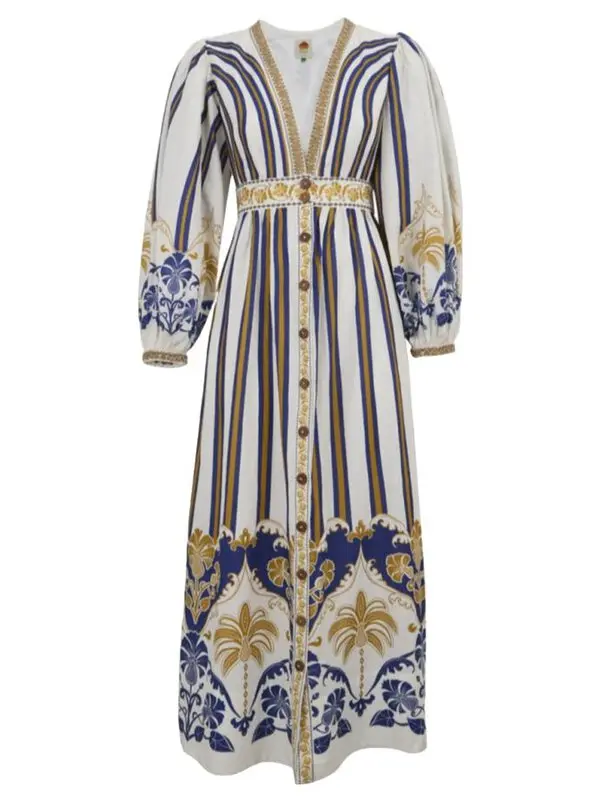 Farm Rio V-neck Maxi Dress With Graphic Print And Striped Pattern - Multicolor