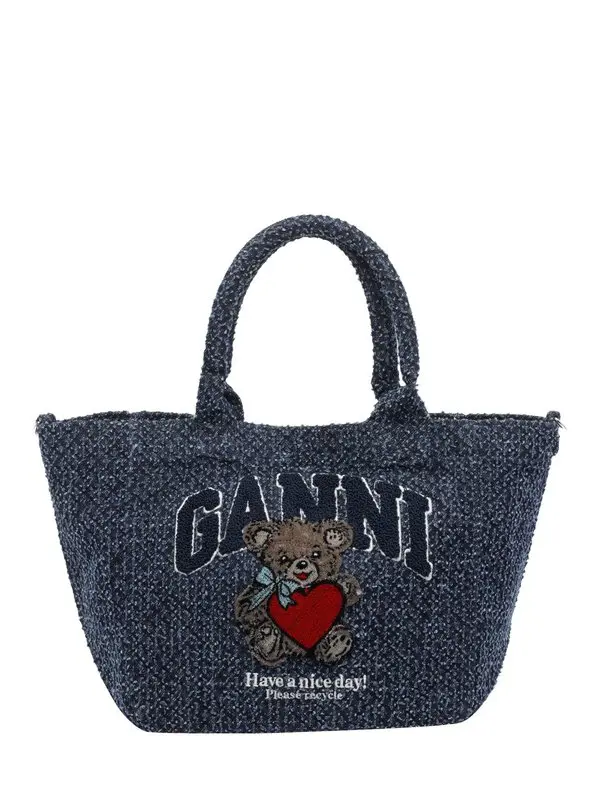 GANNI Tweed Denim Small Bear Tote - Blue
