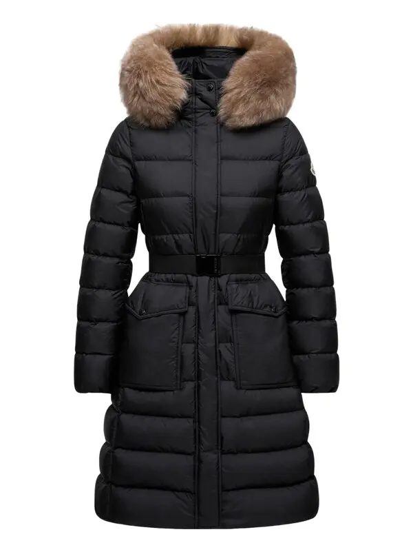 Moncler Khloesse Hooded Long Down Coat With Shearling Trim - Black/beige