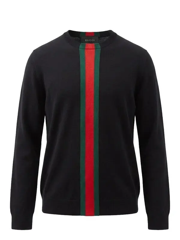Gucci Cotton Knit Sweater With Web Intarsia - Dark Blue