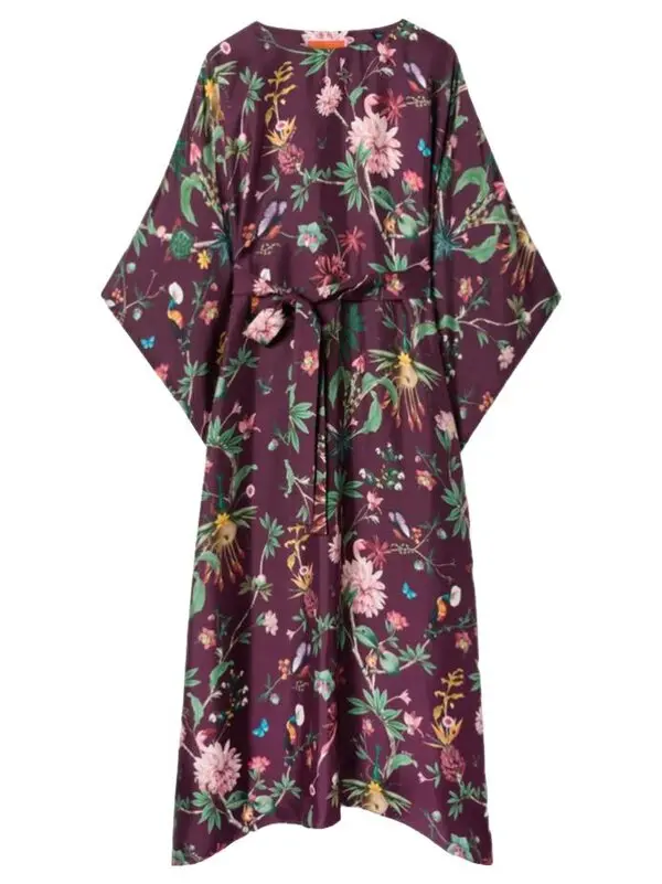 La DoubleJ Silk Kaftan Dress With All-over Floral Print - Burgundy