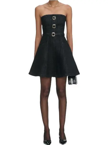 SELF-PORTRAIT Jewel-button Denim Mini Dress - Black