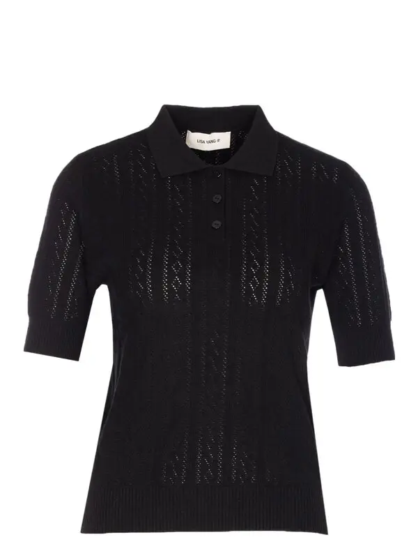 LISA YANG Cristine Pointelle Knit Polo Sweater - Black