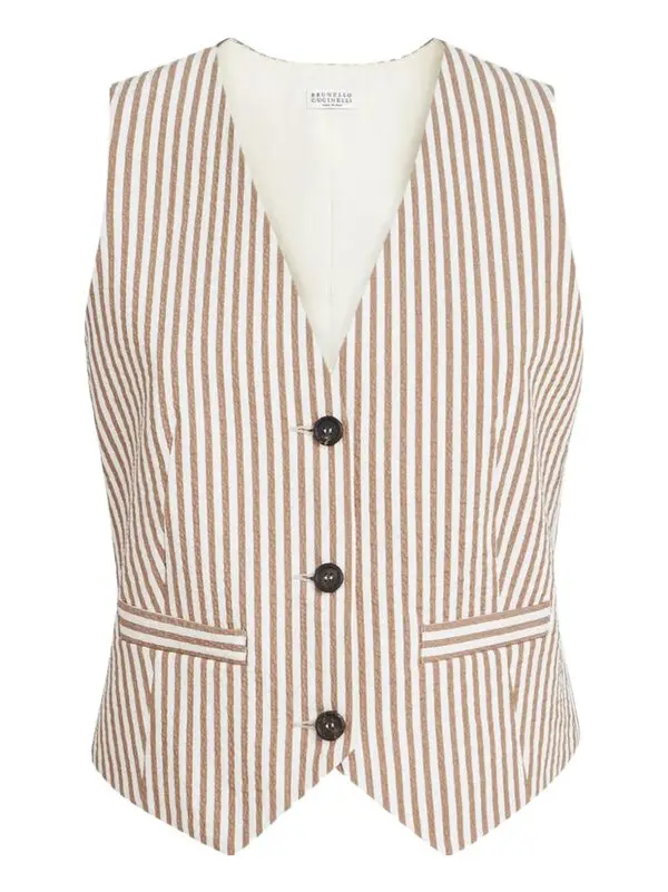 Brunello Cucinelli Techno-cotton Striped Seersucker Vest With Monili Embellishment - White