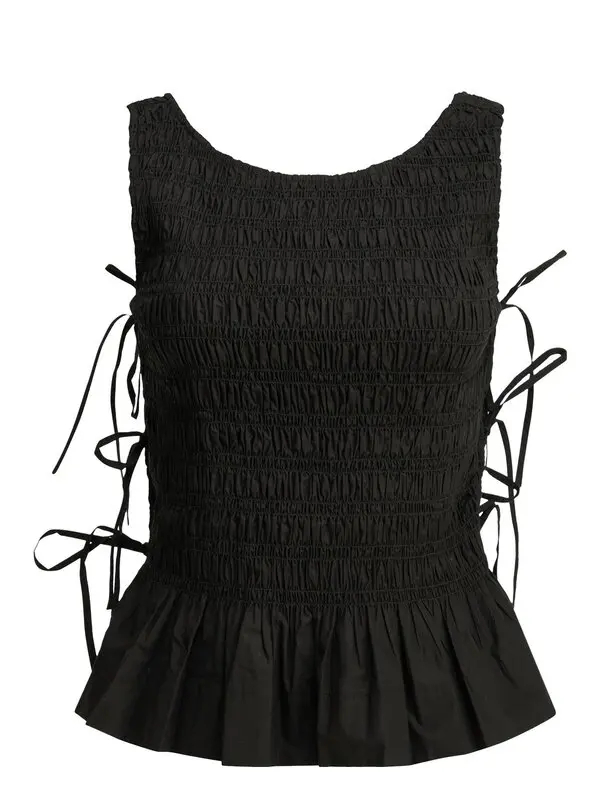 GANNI Smocked Peplum Top With Side Ties - Black