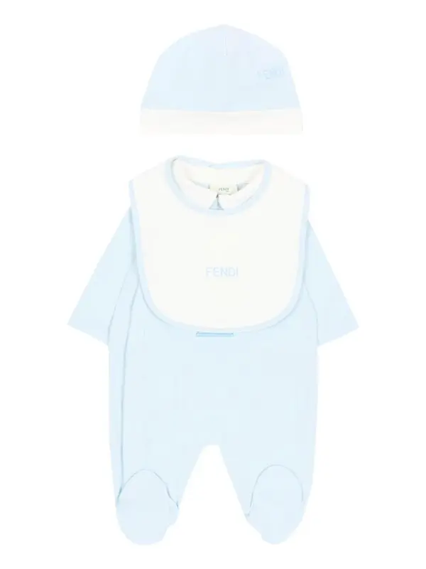 Fendi Three-piece Set: Long-sleeved Bodysuit, Hat, And Bib - Blue