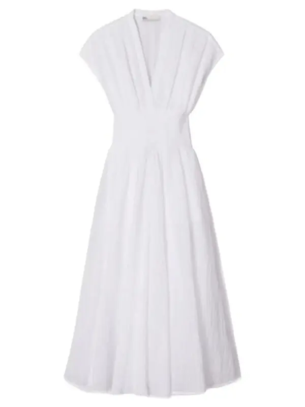 Tory Burch V-neck Linen Dress With Waist Pleats - White