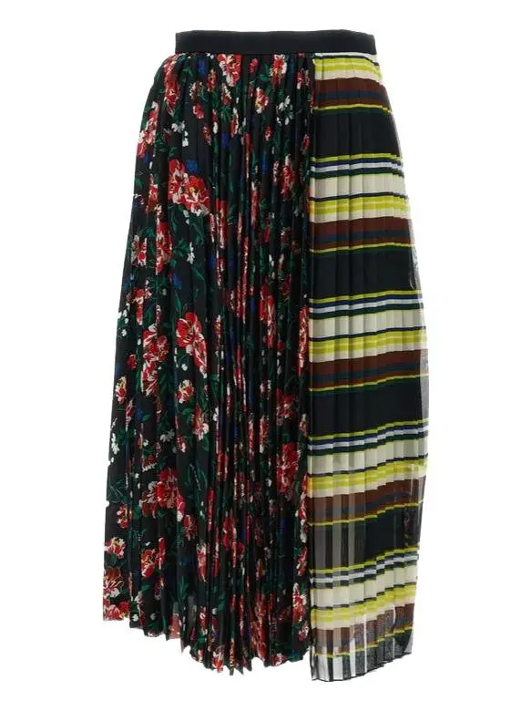 Sacai Floral-print And Striped Pleated Midi Skirt - Black
