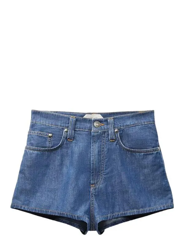 Versace High-rise Denim Shorts With Medusa Hardware - Blue