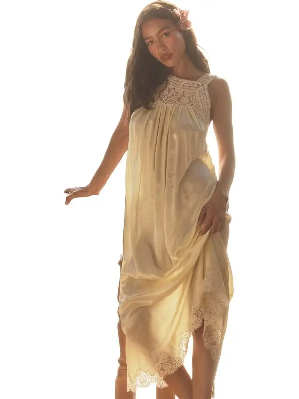 DÔEN Luciane Silk Satin Maxi Dress With Lace Yoke And Trim - Vanilla