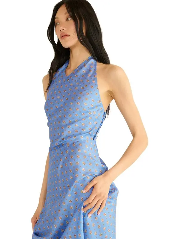 DÔEN Noemie Halterneck Midi Dress With Open Back - Periwinkle Cadiz Foulard