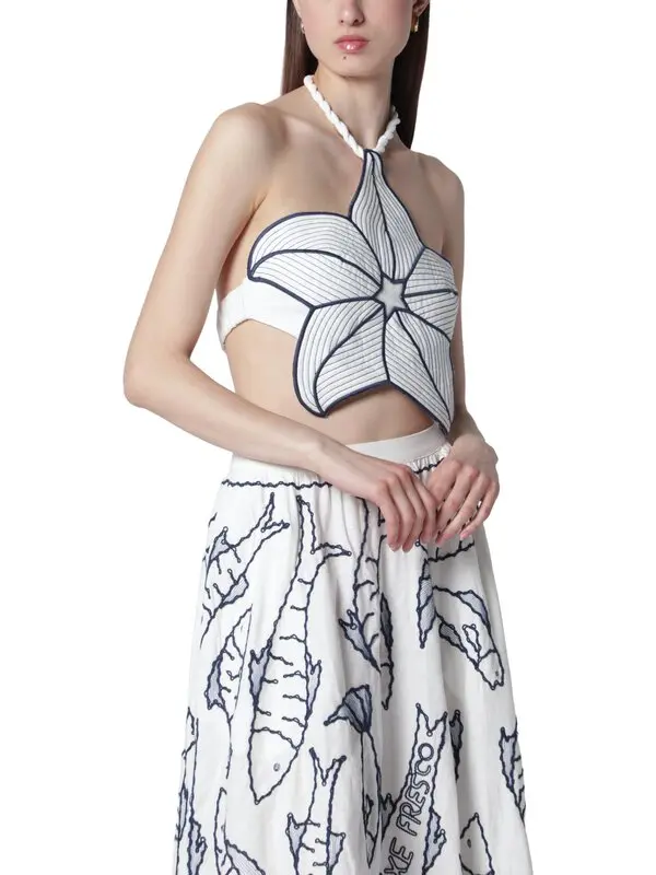 Farm Rio Coast Stars Cropped Linen Blend Top - White