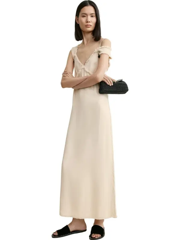 TOTEME V-neck Textured Sablé Slip Dress With Asymmetrical Straps And Raw Edges - Stone