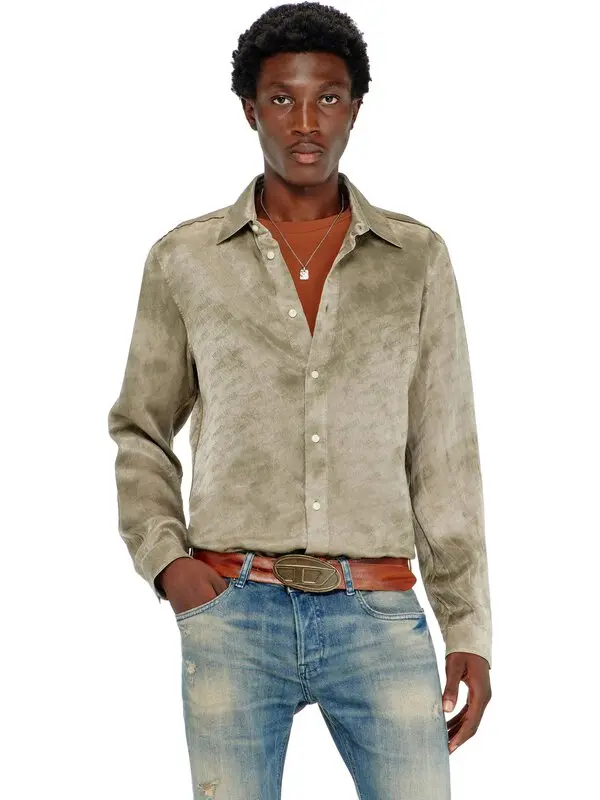 DIESEL® Shirt In Logo-jacquard Crinkled Satin - Brown