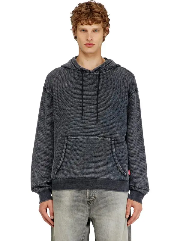 DIESEL® Textured Cotton Mesh Hoodie With Acid Wash And Graphics - Grey