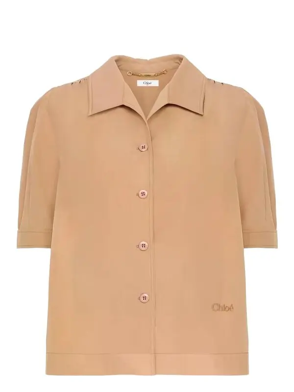 Chloé Logo Embroidered Gathered Sleeve Shirt - Brown