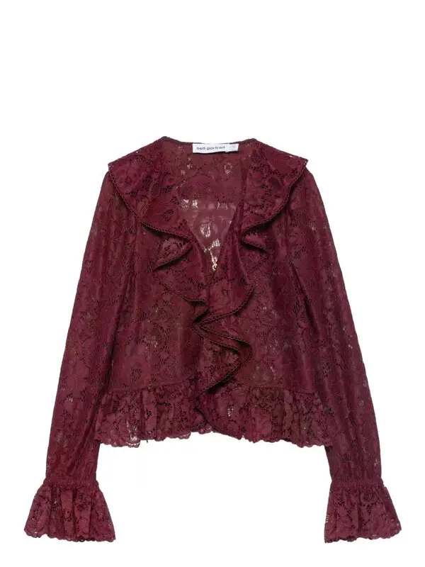 SELF-PORTRAIT Burgundy Floral Lace Ruffled V-neck Top - Red