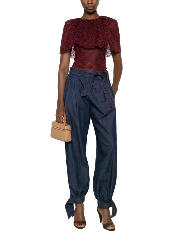 SELF-PORTRAIT Burgundy Ruffled Lace Overlay Top - Red