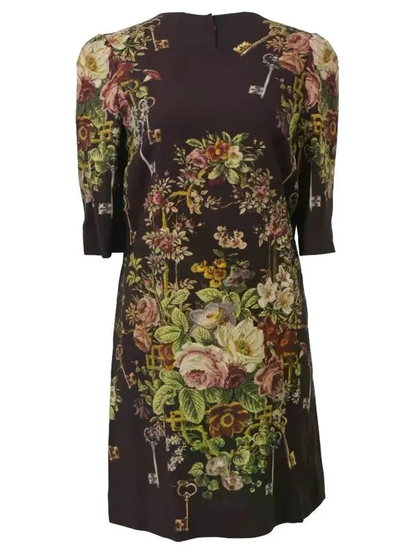 Dolce & Gabbana Multicolor Floral And Key Print Mini Dress - Brown