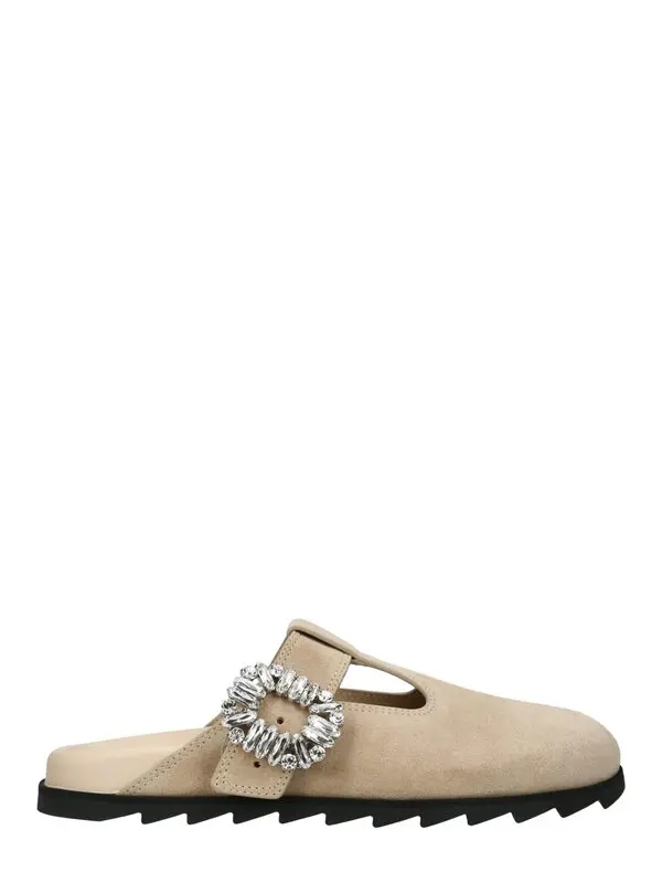 ROGER VIVIER Suede Slidy Viv Mules With Embellished Buckle - Beige