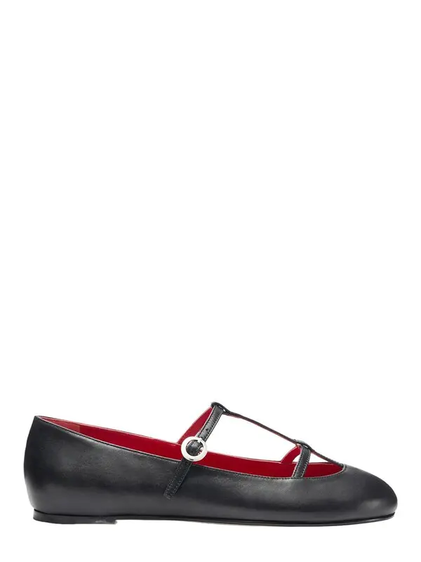 SCAROSSO Linda I Nappa Leather Ballerina Flats With T-bar Straps - Black