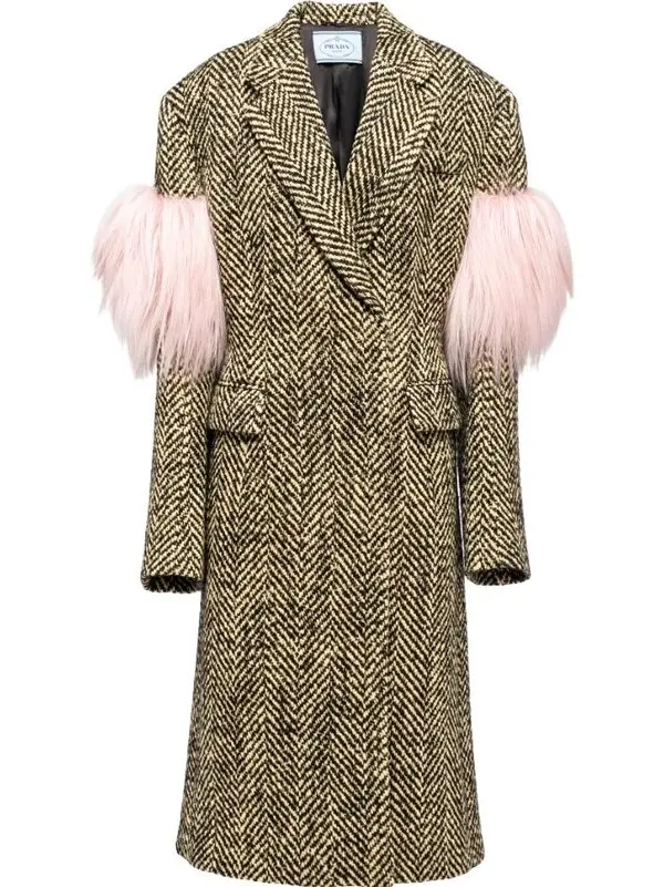 Prada Fringed Chevron Knitted Coat - Nude