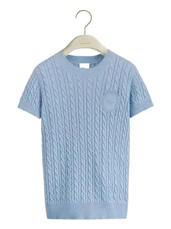 Dior Short-sleeved Cable Knit Sweater With Medallion Logo - Blue