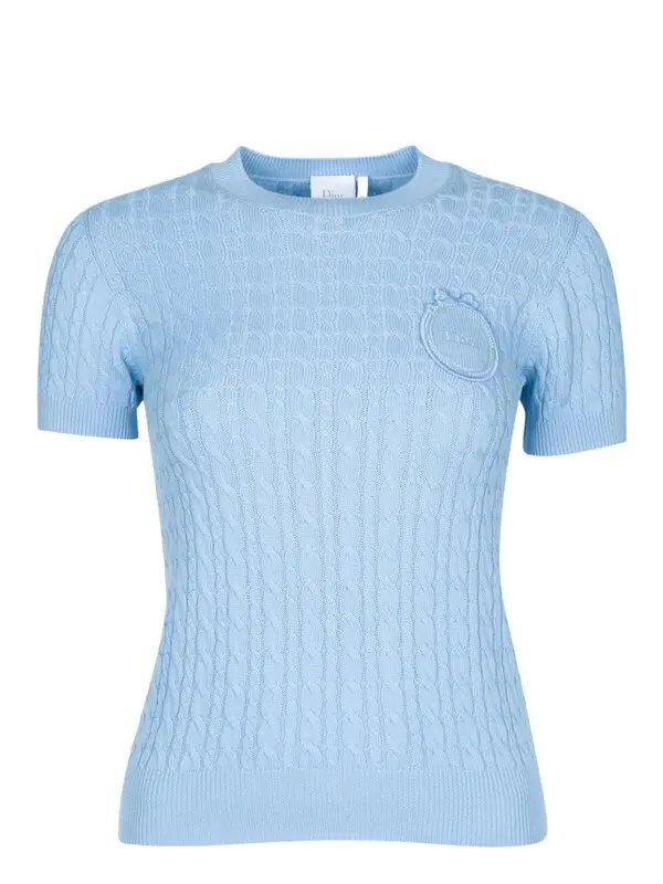 Dior Short-sleeved Cable Knit Sweater With Medallion Logo - Blue