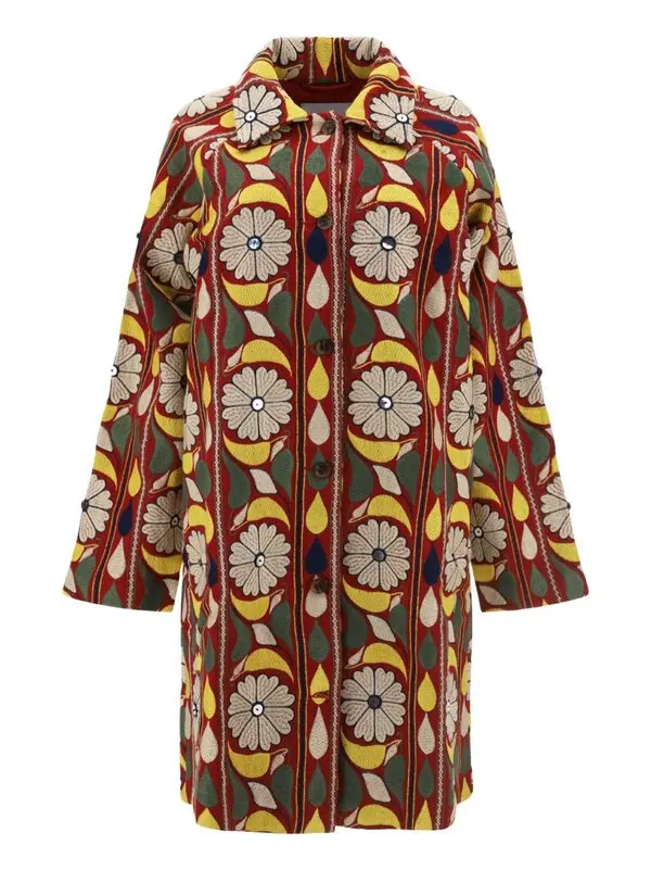 BODE Printed Coat With Floral Embroidery - Brown