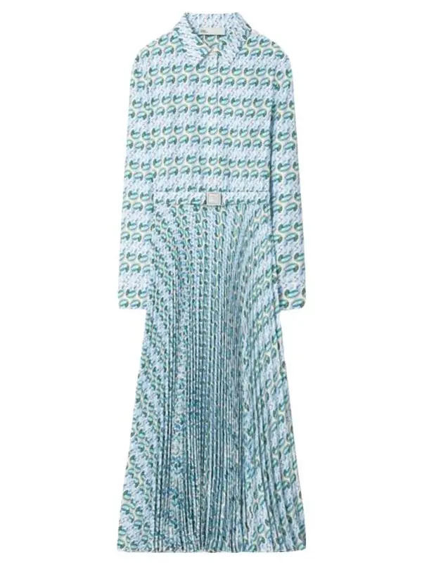 Tory Burch Graphic Print Pleated Midi Shirt Dress With Belt - Blue Glass Swan Allover