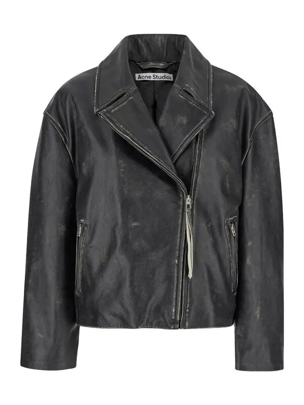 Acne Studios Black Leather Biker Jacket With Vintage Effect - Multicolor