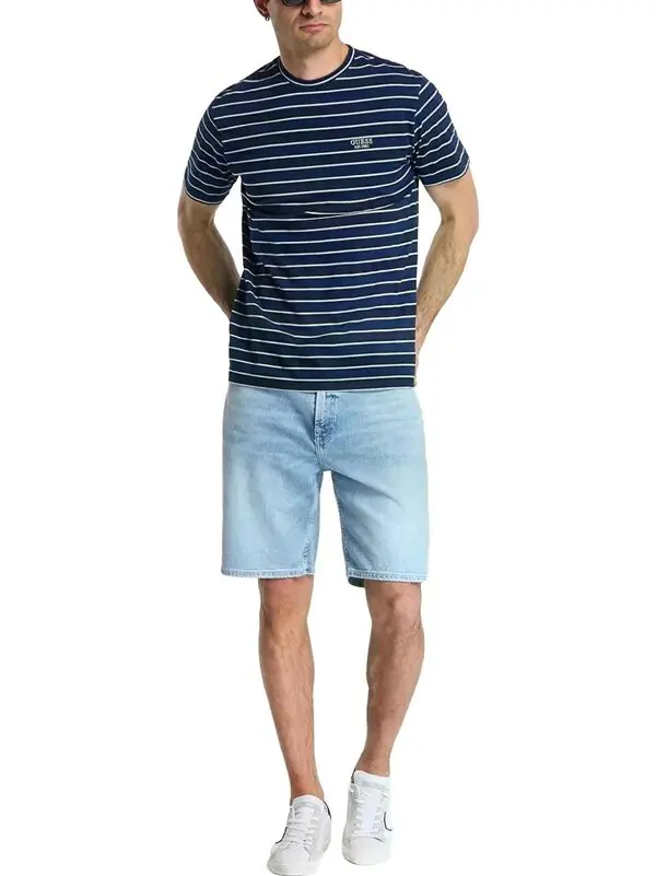 Guess Koszulka W Paski Striped Logo-print T-shirt - Blue