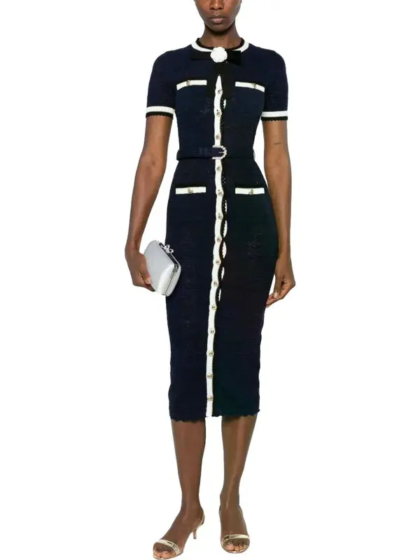 SELF-PORTRAIT Belted Bow-detail Midi Dress - Blue