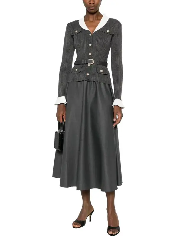SELF-PORTRAIT Ribbed-knit Midi Dress With Faux Pearl Embellishment - Grey