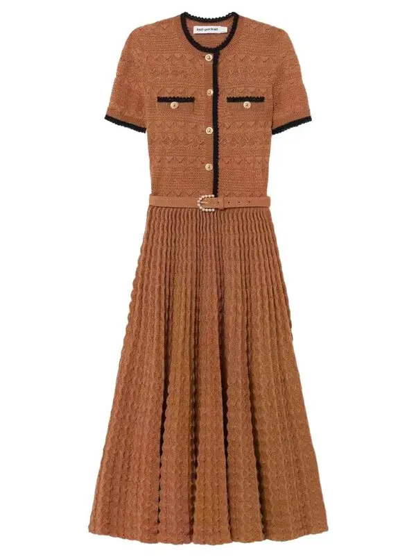 SELF-PORTRAIT Belted Crochet-knit Midi Dress - Brown