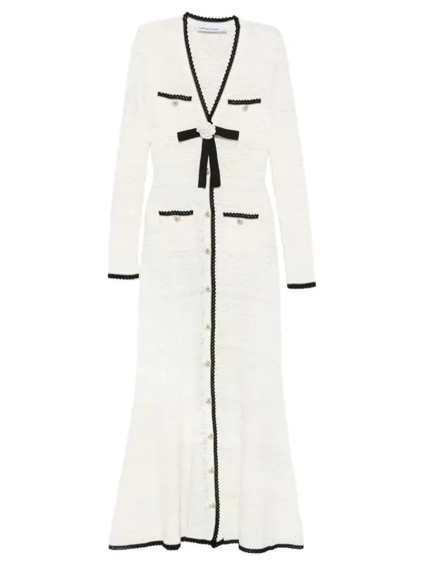 SELF-PORTRAIT Bow Detail Pointelle Knit Midi Dress - White