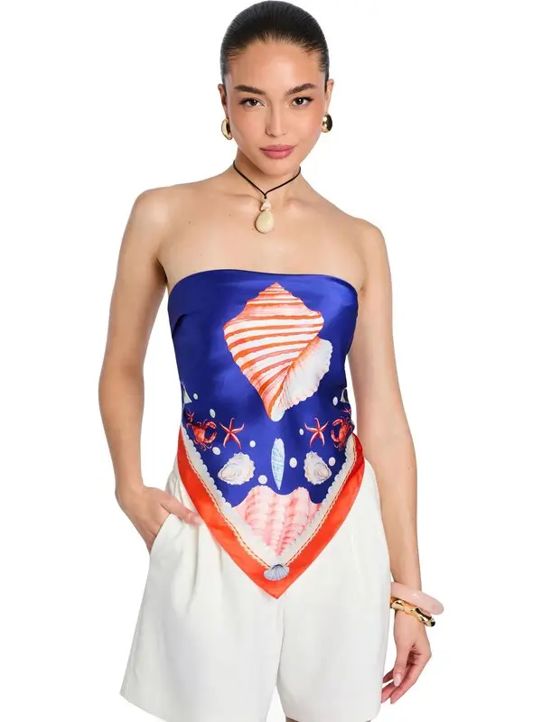 Retrofete Alivia Silk Bandana Top With Seashell Print - Santorini Marine