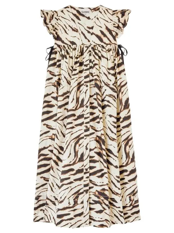 GANNI Organic Cotton Midi Dress With Tiger Print - White