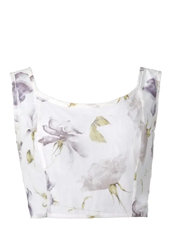 ITALIA A COLLECTION Scoop Neck Floral Print Sheer Cotton Crop Top - White