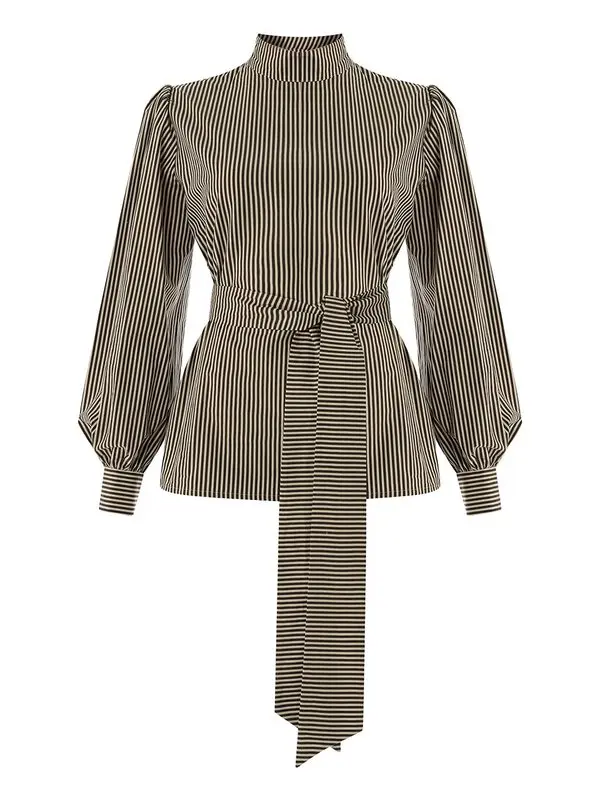 EXQUISE Striped Cotton Blouse With High Neck And Tie Waist - Brown