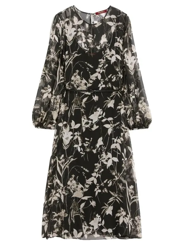 Max Mara Floral Printed Long Sleeve Belted Midi Dress - Black