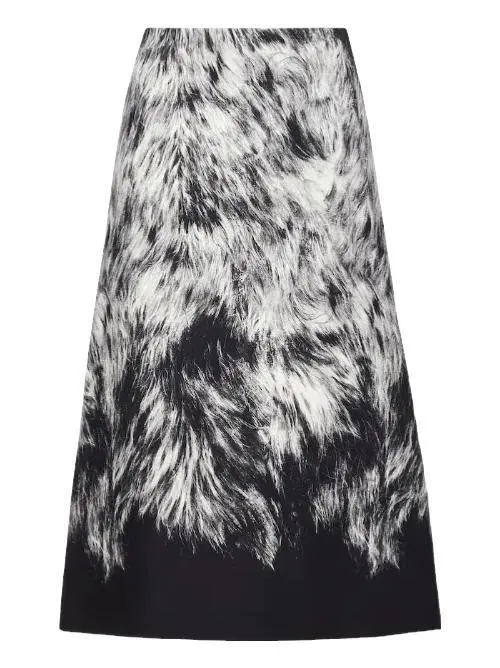 Fendi Frosted Fauna Wool And Silk Midi Skirt - Black And White