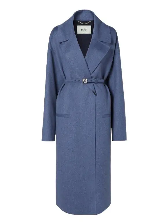 Fendi Belted Coat With Fur Lapels - Blue