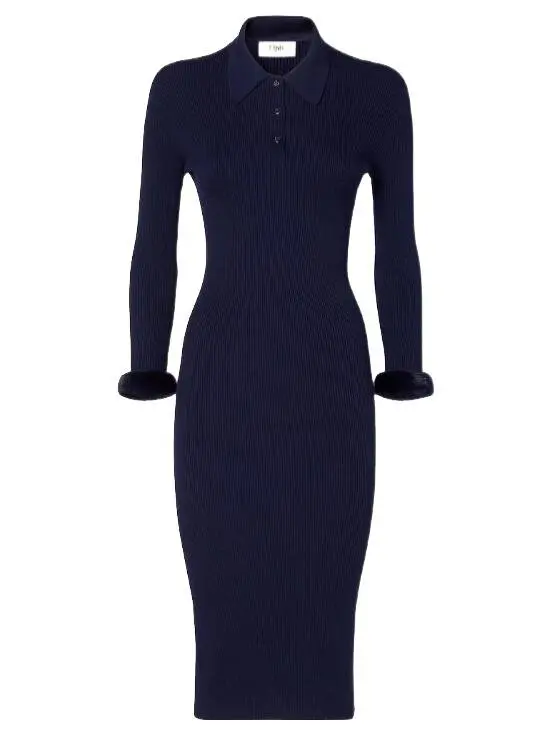 Fendi Wool And Silk Midi Dress With Mink Cuffs - Blue